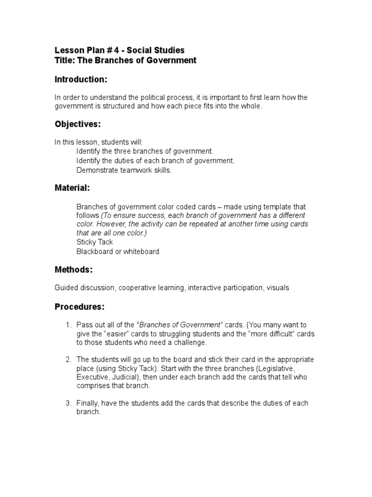 Lesson Plan # 4 - Social Studies Title: The Branches of Government | PDF