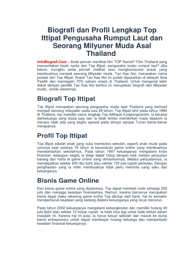 Biografi Dan Profil Lengkap Top Ittipat Pengusaha Rumput Laut | PDF