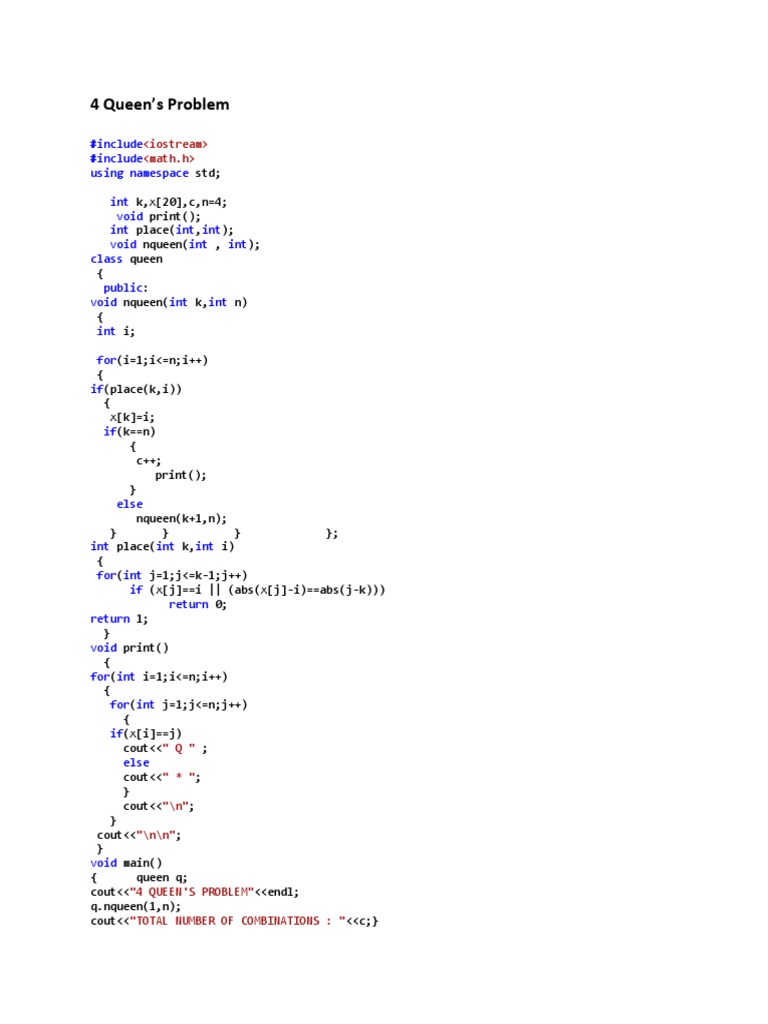 4 Queen's Problem Solver in C++ | PDF | Teaching Methods & Materials