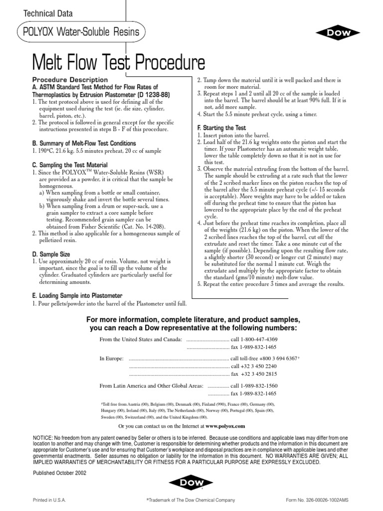Melt Flow Test Procedure: POLYOX Water-Soluble Resins | Download Free ...
