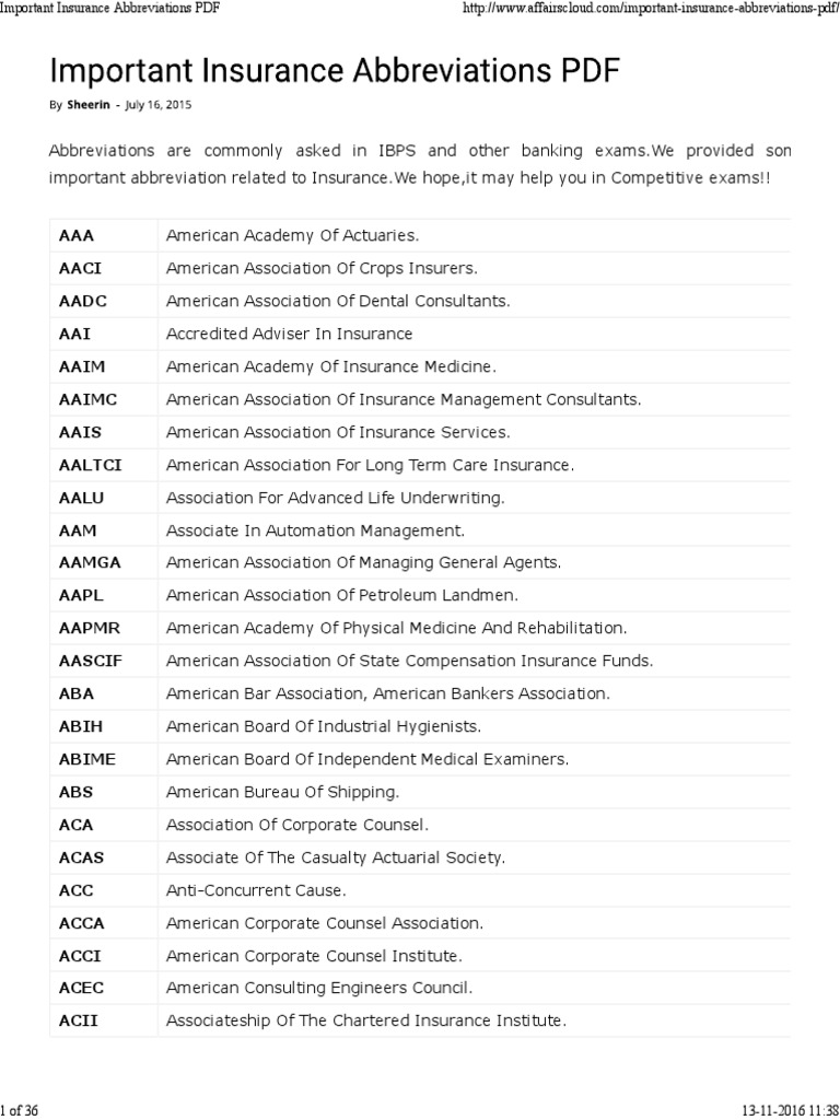 Insurance Abbreviations for Exams | PDF | Underwriting | Insurance