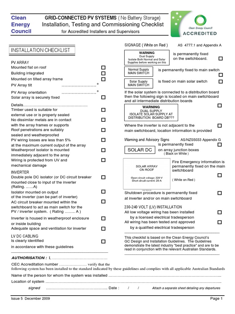 Clean Energy Council Installers Checklist | Power Inverter ...