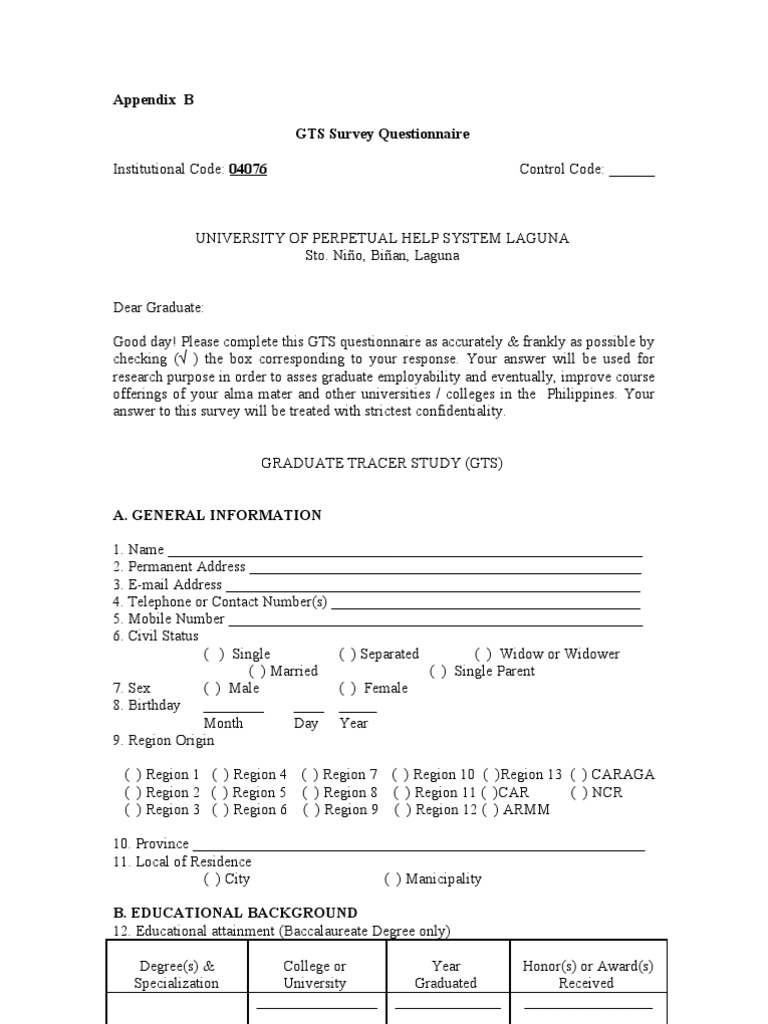 Graduate Tracer Study Questionnaire | PDF | Employment | Behavior ...