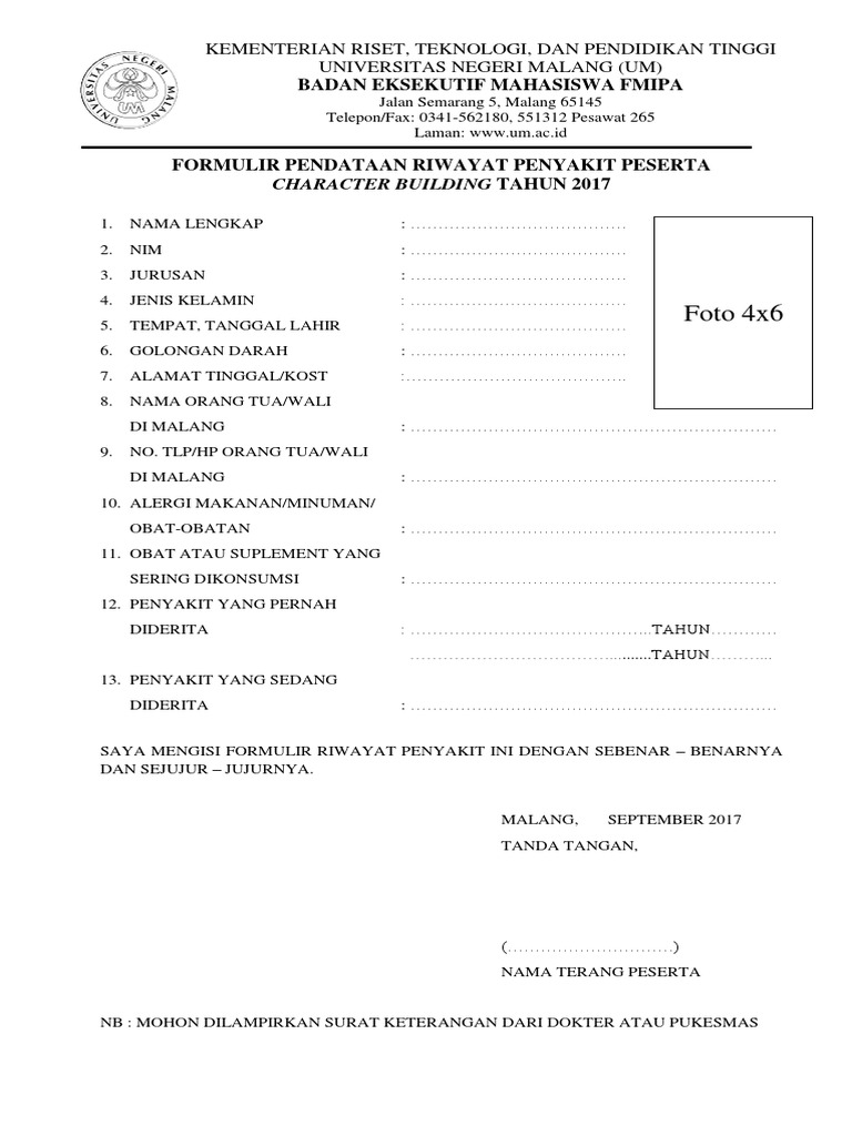 Formulir Riwayat Penyakit Peserta | PDF | Karier & Perkembangan | Game & Aktivitas