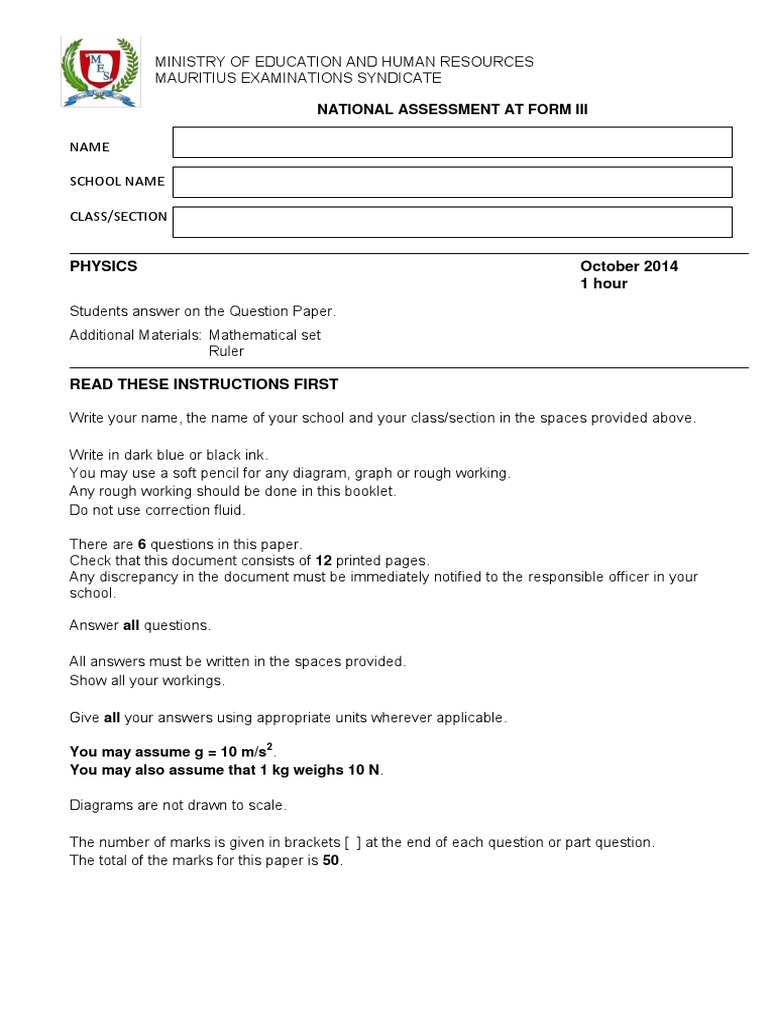 Physics Form3 - Question Paper | PDF | Acceleration | Reflection (Physics)