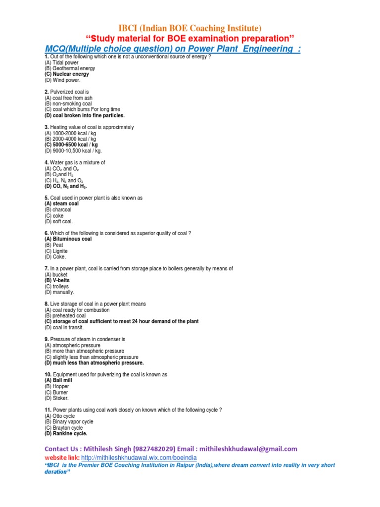Multiple Choice Questions on Power Plant Engineering and Key Concepts ...