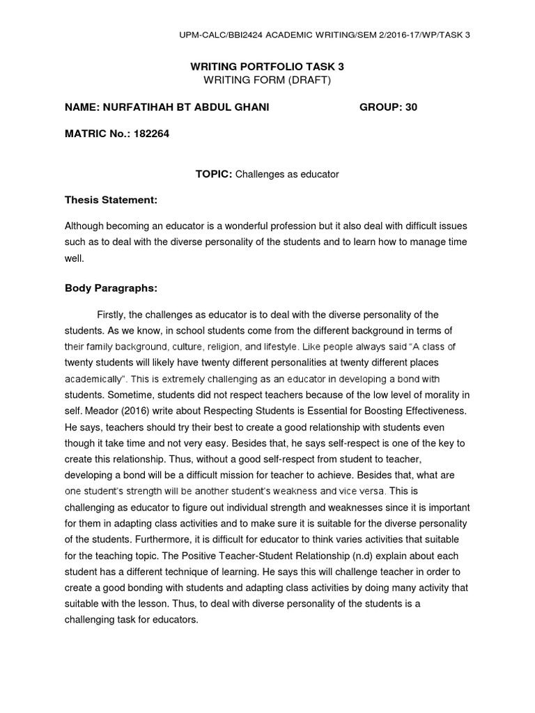 Bbi2424 Writing Portfolio Task 3 (Writing Form - Draft) | PDF | Self Esteem | Applied Psychology