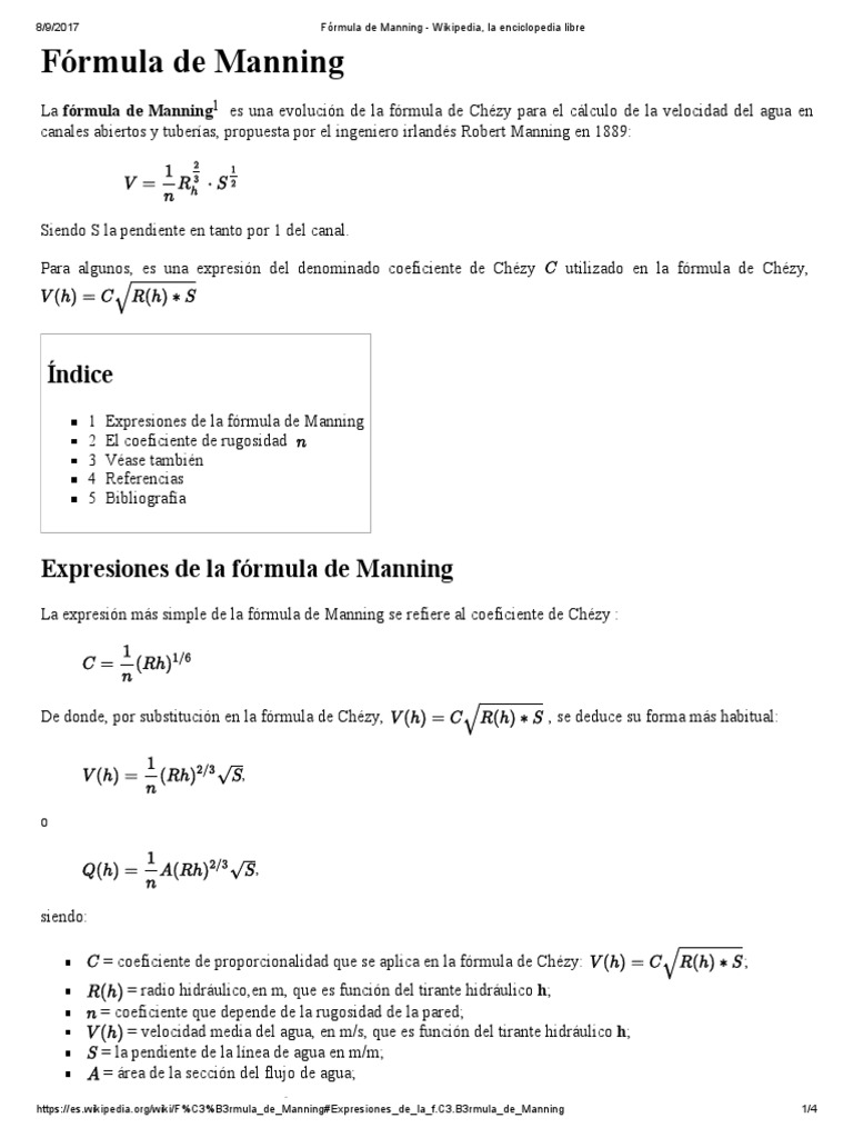 Fórmula de Manning | PDF | Ingeniería mecánica | Ingeniería Química