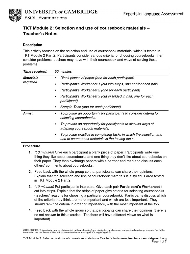 TKT Module 2: Selection and Use of Coursebook Materials - Teacher's ...