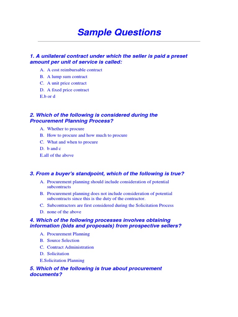 Sample Questions on Procurement Management Concepts | PDF | General ...