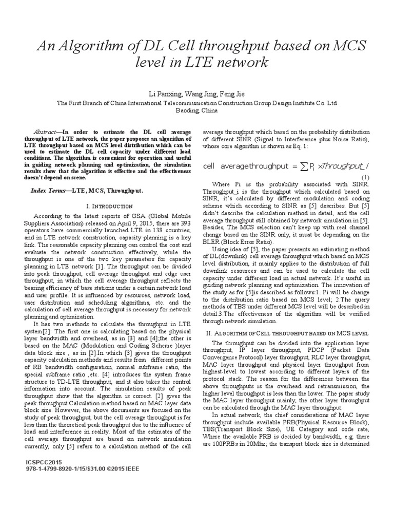 An Algorithm of DL Cell Throughput Based On MCS Level in LTE Network ...