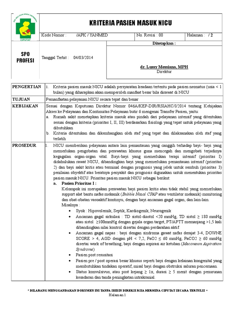 Spo Kriteria Pasien Masuk Nicu Edit | PDF