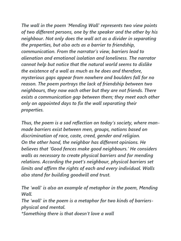 Mending Wall" poem explores barriers between people and nature | PDF