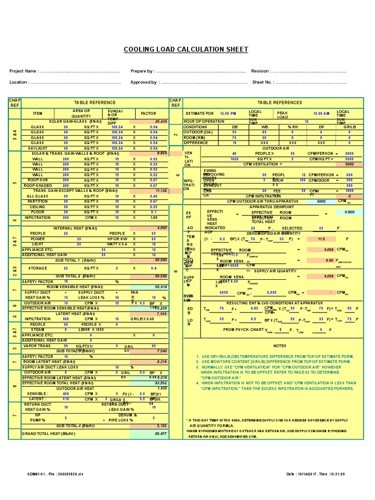 Cooling Load Calculation Sheet: X X X X X X X X X X X X X X X X Cfm ...