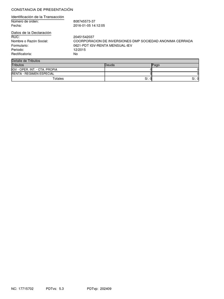 Constancia PDT 621 Dic-15 DMP | PDF | Business