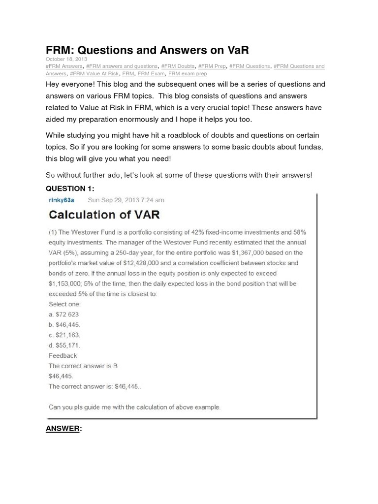 FRM Questions and Answers On VaR | PDF