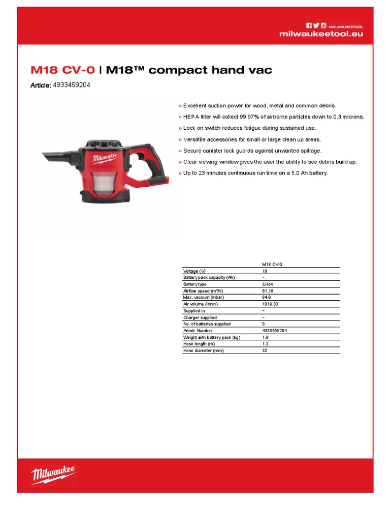 M18™ Compact Hand Vac: Article: 4933459204 | PDF