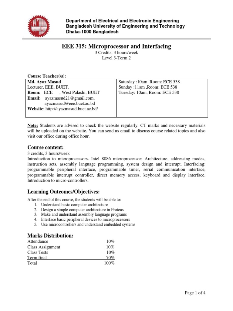 EEE 315 Lecture Plan | PDF | Assembly Language | Electrical Engineering