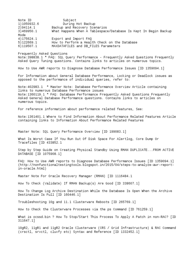 Oracle Note Ids | PDF | Faq | Oracle Database