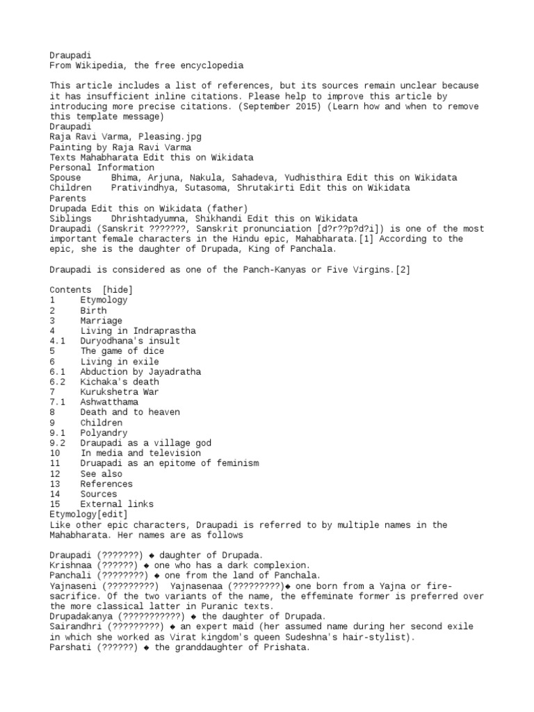 Draupadi: Daughter of Drupada and Wife of the Pandavas | PDF ...