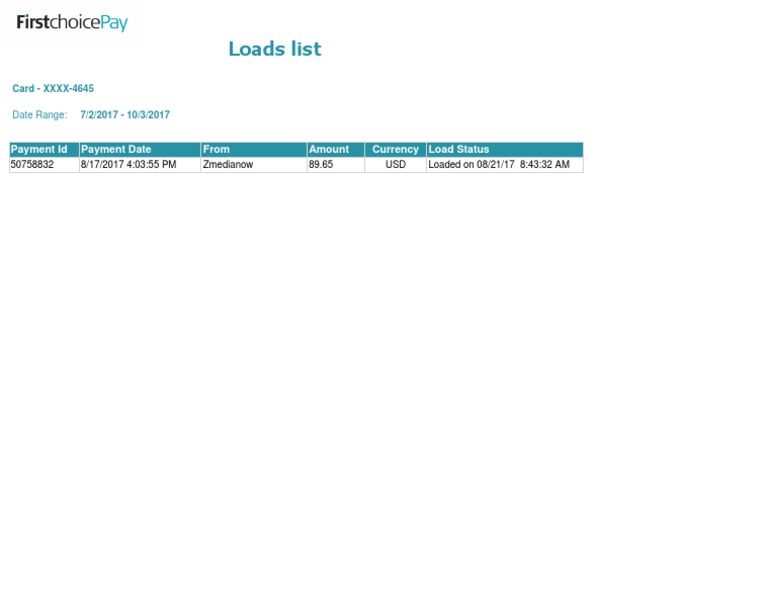 Loads List: Payment Id Payment Date From Amount Currency Load Status ...