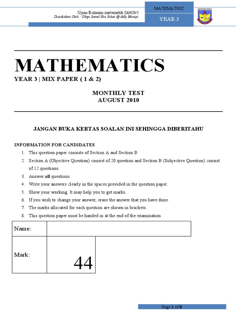 Mathematics: Year 3 - Mix Paper (1 & 2) Monthly Test AUGUST 2010 | PDF ...