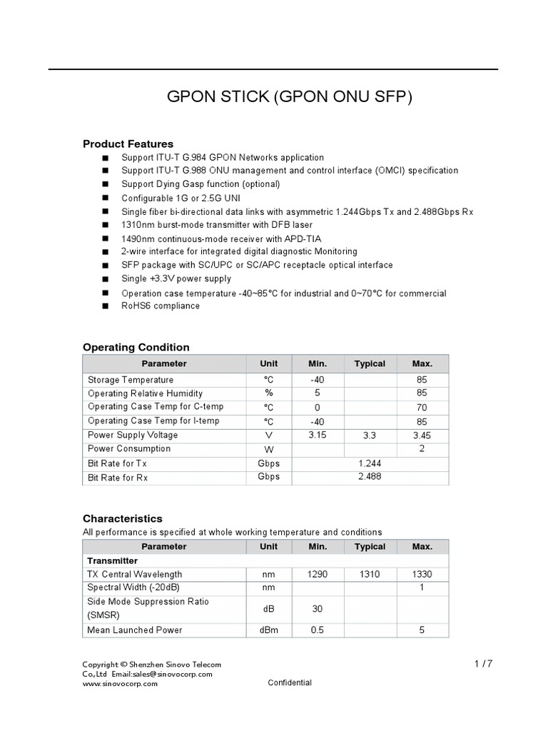 Sinovo Datasheet - (Gpon SFP Onu Stick) v2 20170426 | PDF | Digital ...