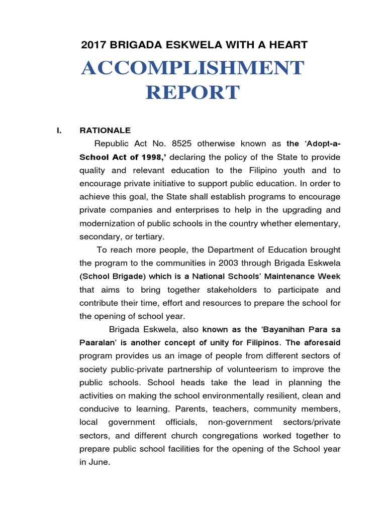 2017 Brigada Eskwela With A Heart Accomplishment Report | PDF | State ...