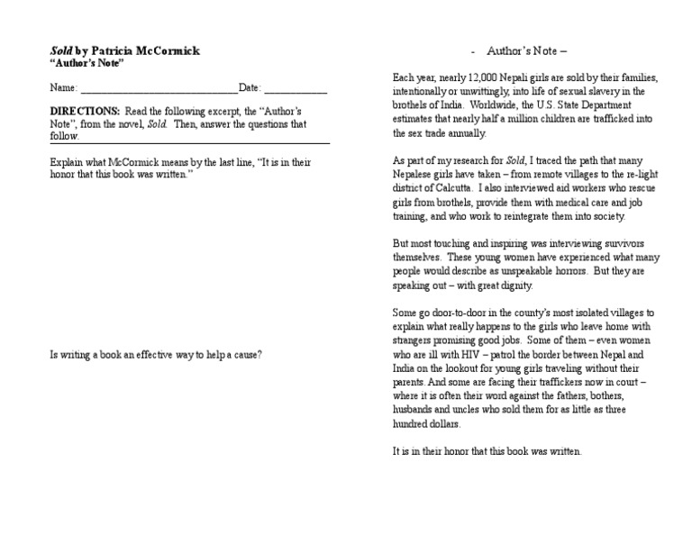 Close Read Handout Author's Note | PDF | Nepal | Sex And The Law