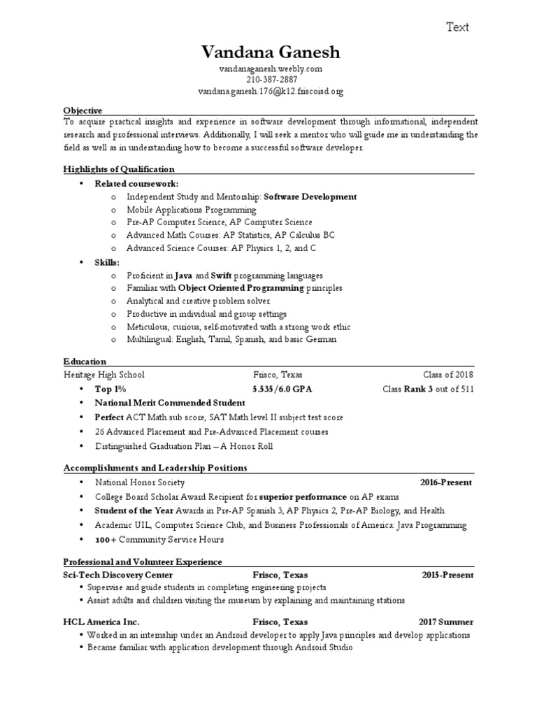 Vandana Ganesh Resume | PDF | Advanced Placement | Science
