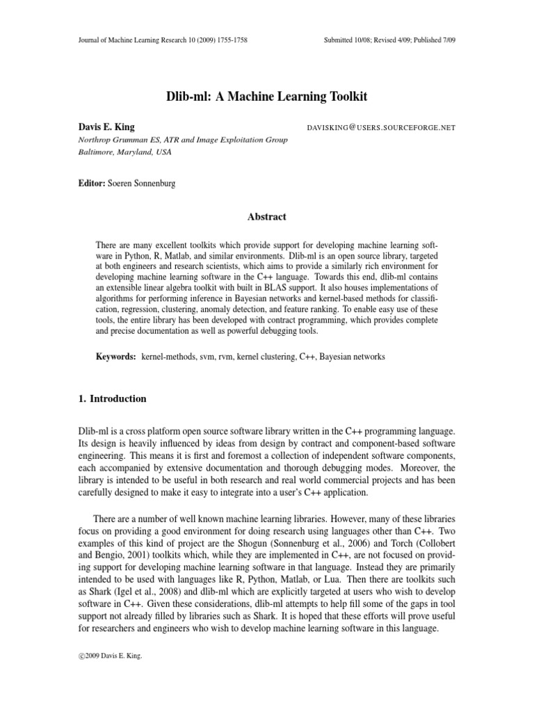 Dlib-Ml: A Machine Learning Toolkit: Davis E. King | PDF | Support ...