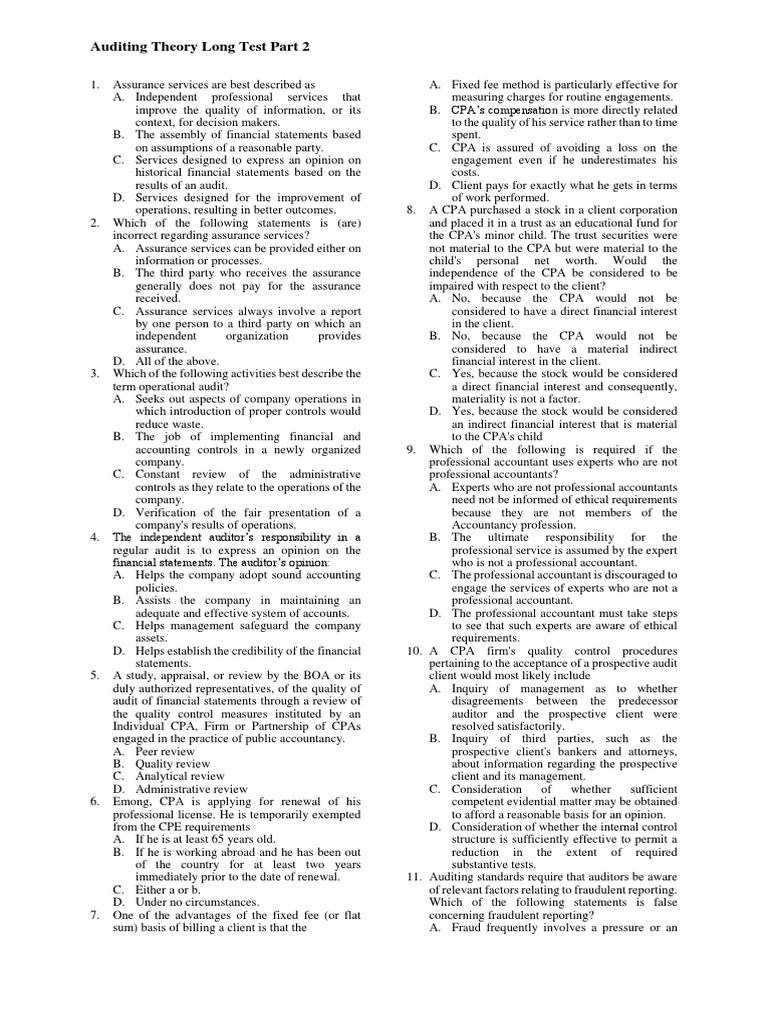 Long Test Part 2 Questionnaire | PDF | Auditor's Report | Internal Control