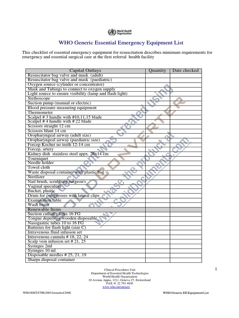 WHO essential emergency equipment checklist | PDF | Intravenous Therapy ...
