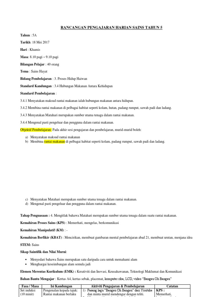 Rancangan Pengajaran Harian Sains Tahun 5 | PDF