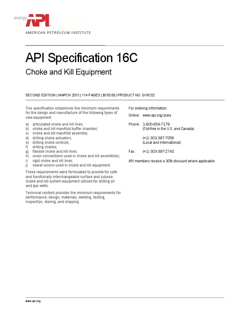 API Specification 16C: Choke and Kill Equipment | PDF | Metal ...