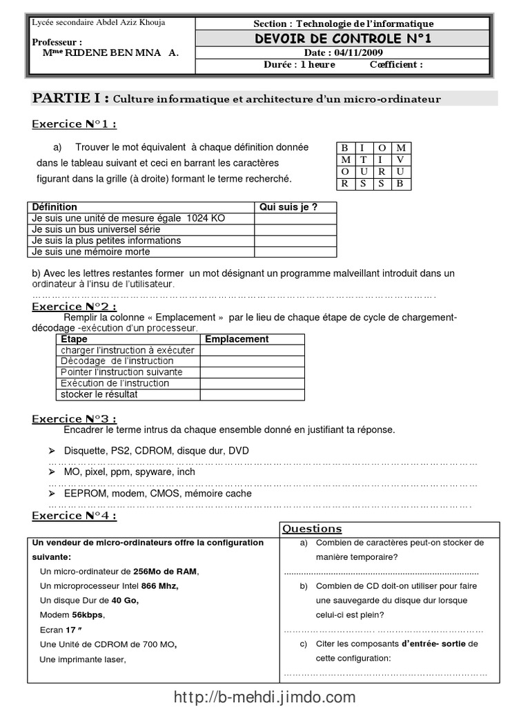 Devoir de contrôle N°1 - Informatique - 2ème Info (2009-2010) Mme Ayda ...