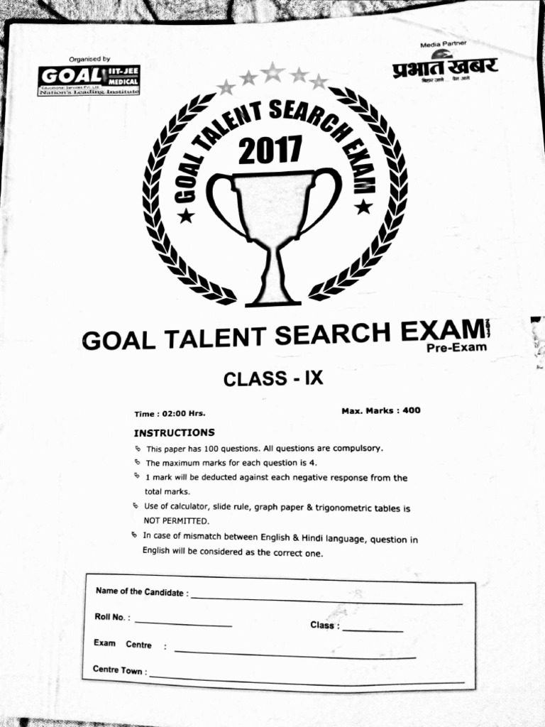 Goal Talent Search Examination Question Paper For Class 9 Qusetion ...