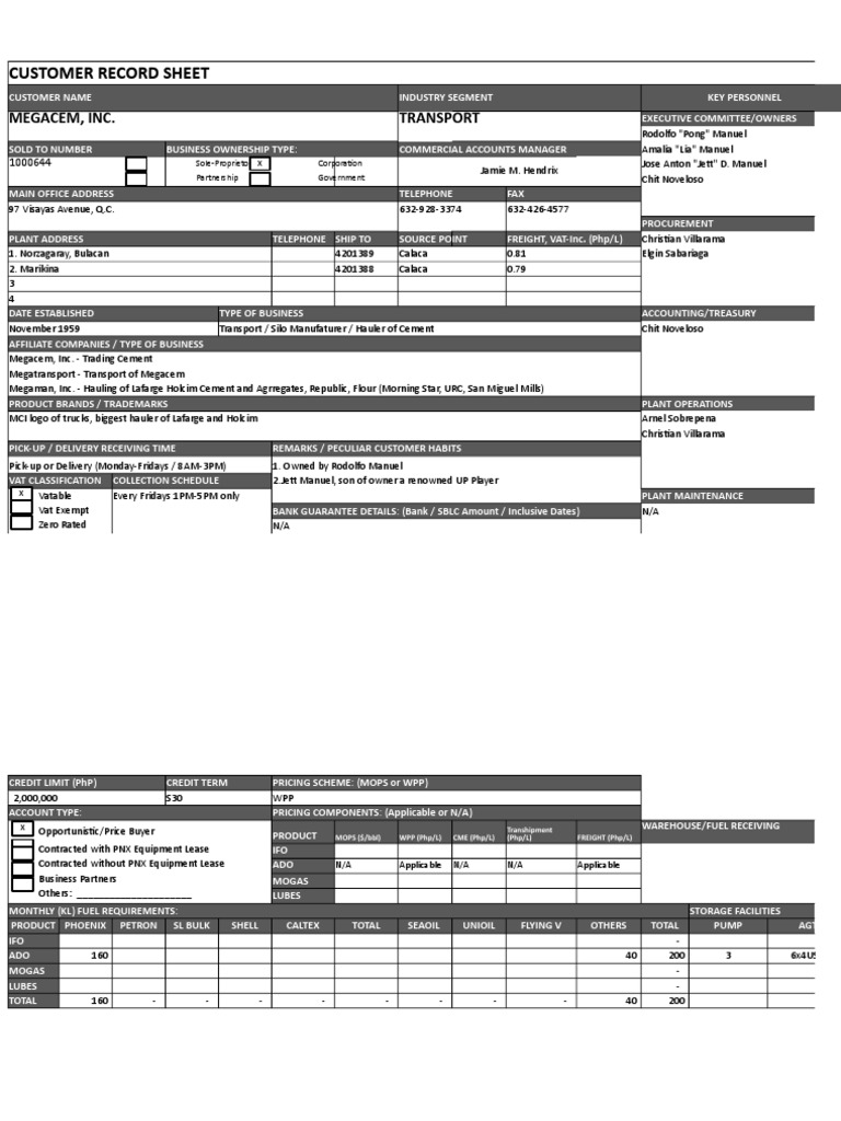 Customer Record Sheet.v2.1 | PDF | Cement