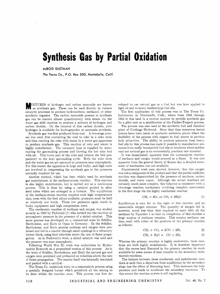 Partial Oxidation of Methane to Produce Synthesis Gas: A Description of ...