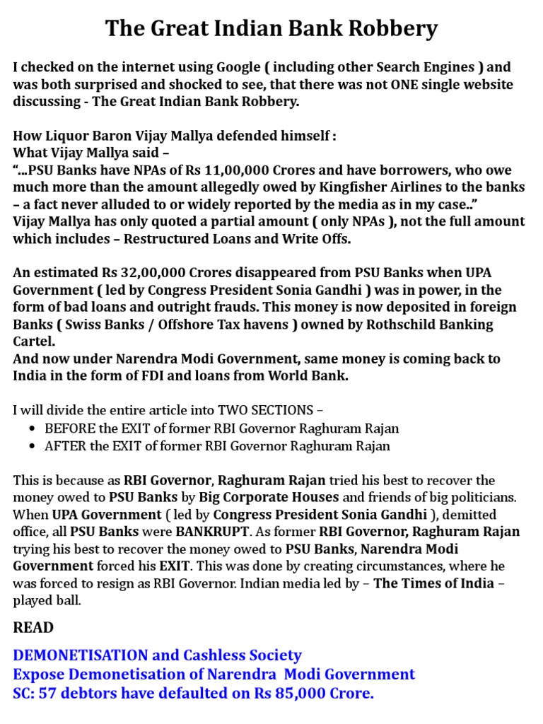 The Great Indian Bank Robbery | PDF | Indian Black Money | Reserve Bank ...