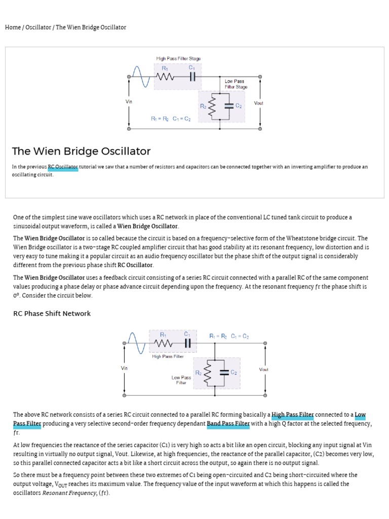 Wien Bridge Oscillator Tutorial and Theory | PDF | Electrical Impedance | Series And Parallel ...
