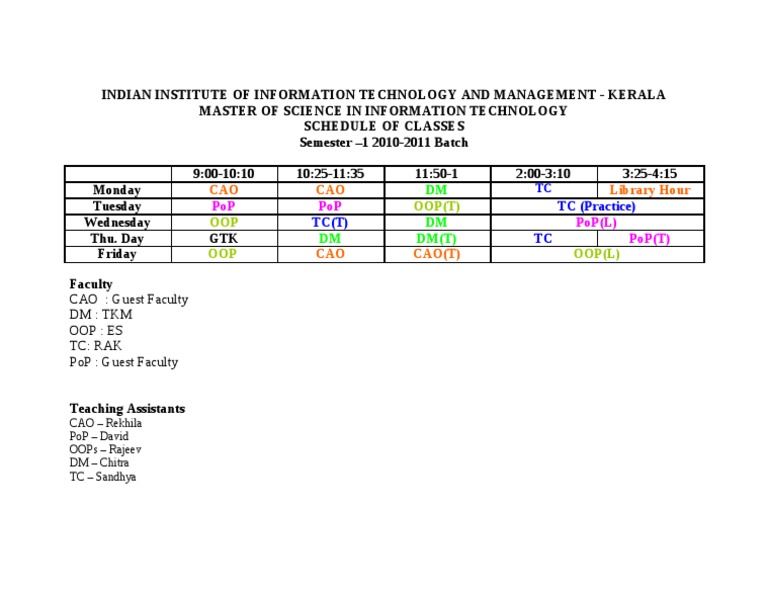Semester 1 Class Schedule 2010-11 | PDF | Technology & Engineering