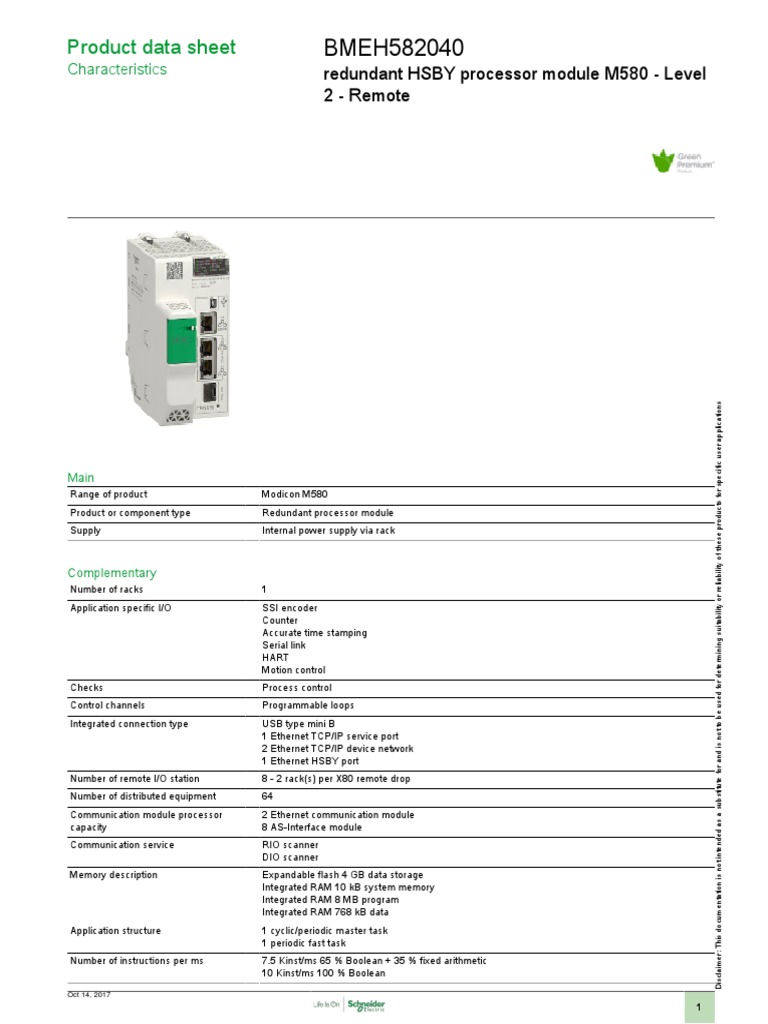Modicon M580 - EPac Controller - BMEH582040 | PDF | Central Processing Unit | Random Access Memory