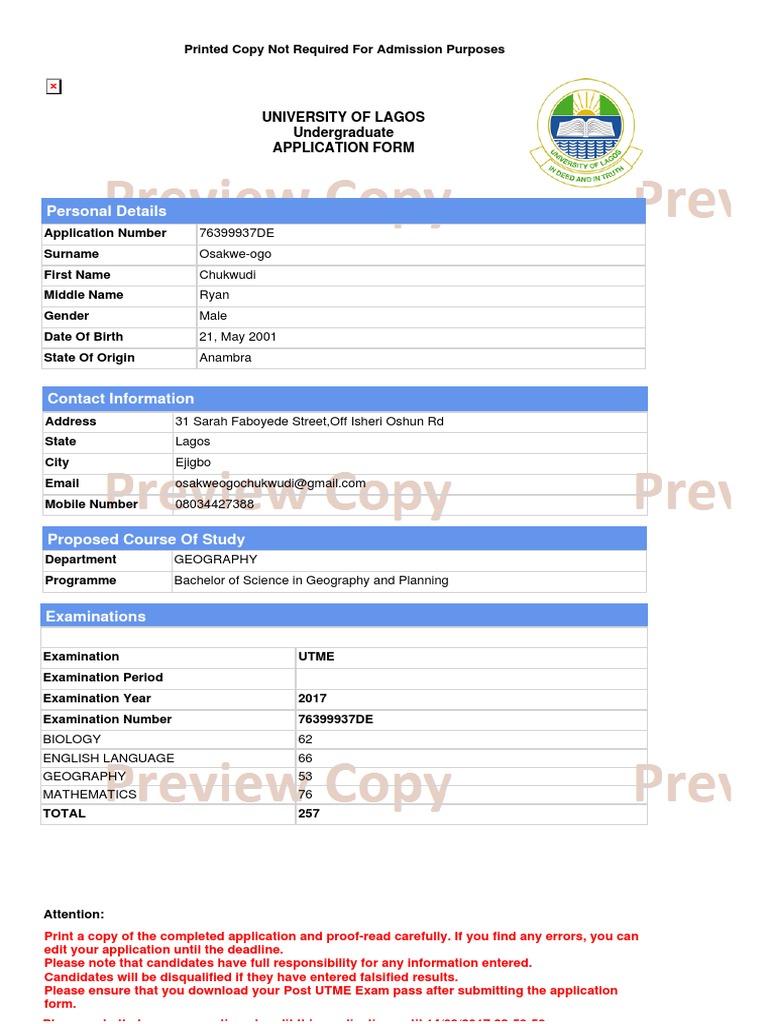 ApplicationFormPrintOut Osakwe-Ogo Chukwudi | PDF