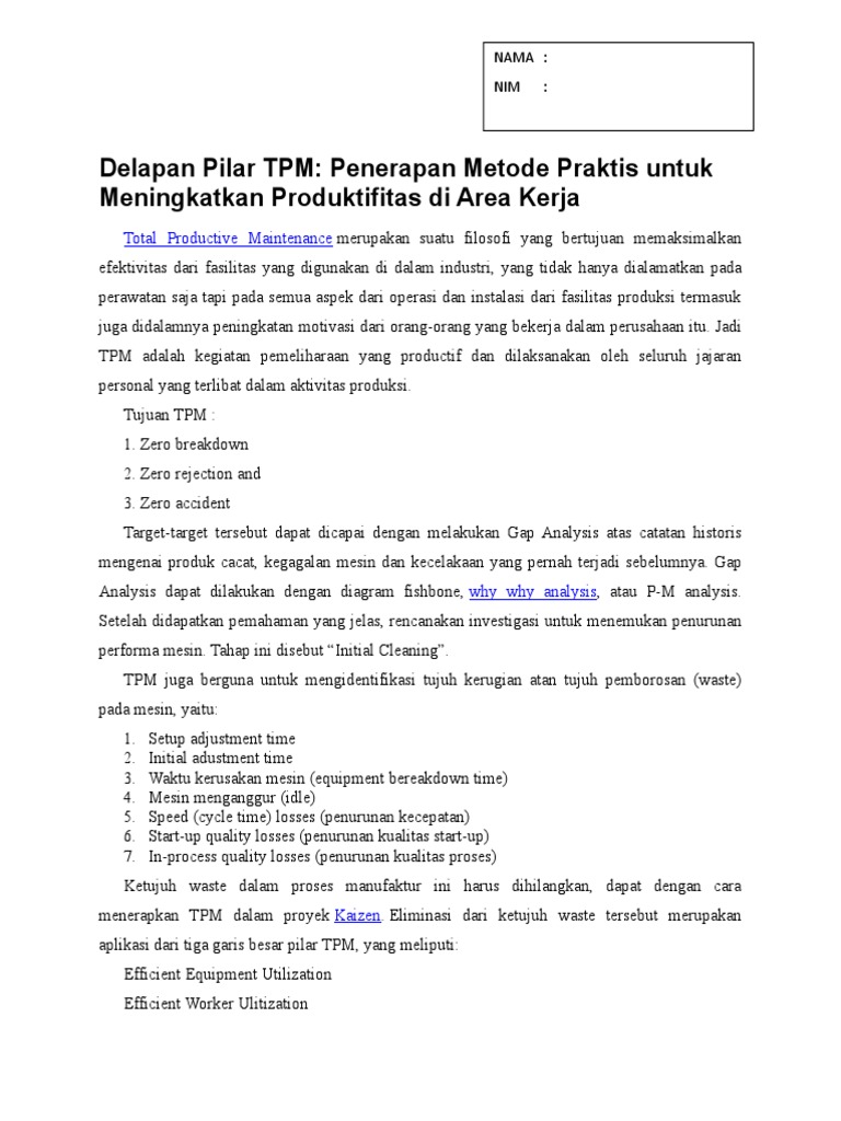 Delapan Pilar TPM untuk Produktivitas Optimal | PDF | Bisnis