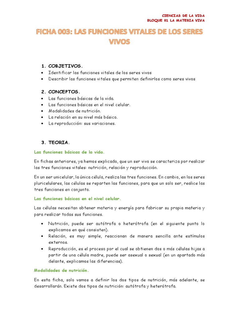 Ficha 003 Las Funciones Vitales de Los Seres Vivos | PDF | Reproducción ...