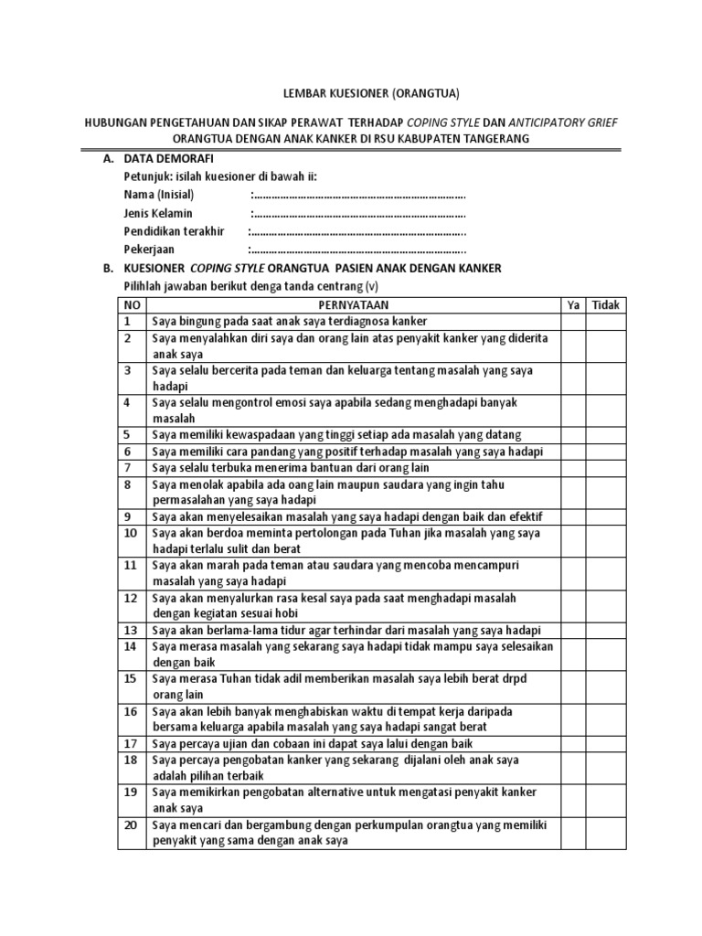 LEMBAR KUESIONER Orangtua, Mekanisme Koping Dan Anticipatory Grief 2017-1 | PDF