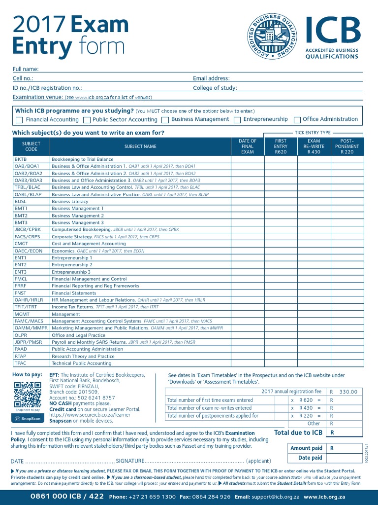 2017 ICB Exam Entry Form | PDF | Bookkeeping | Accounting