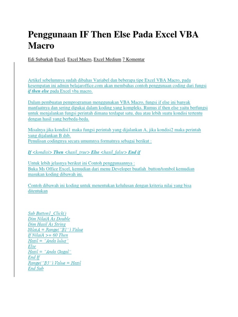 Penggunaan If Then Else Pada Excel VBA Macro | PDF | Komputer