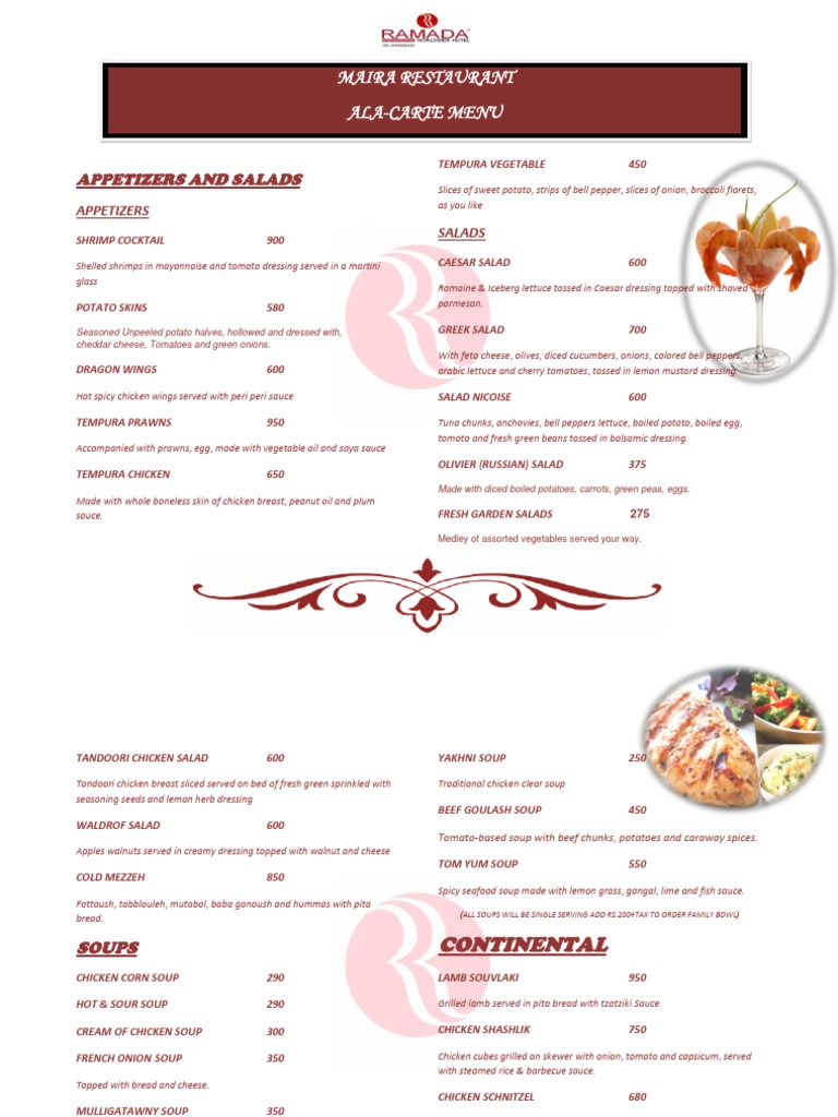 Menu Card of Maira Restaurant | PDF | Salad | Hamburgers